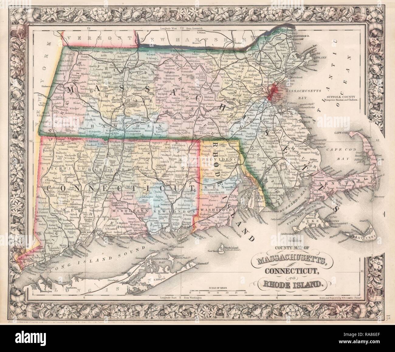 1864, Mitchell Map of Massachusetts, Connecticut and Rhode Island ...