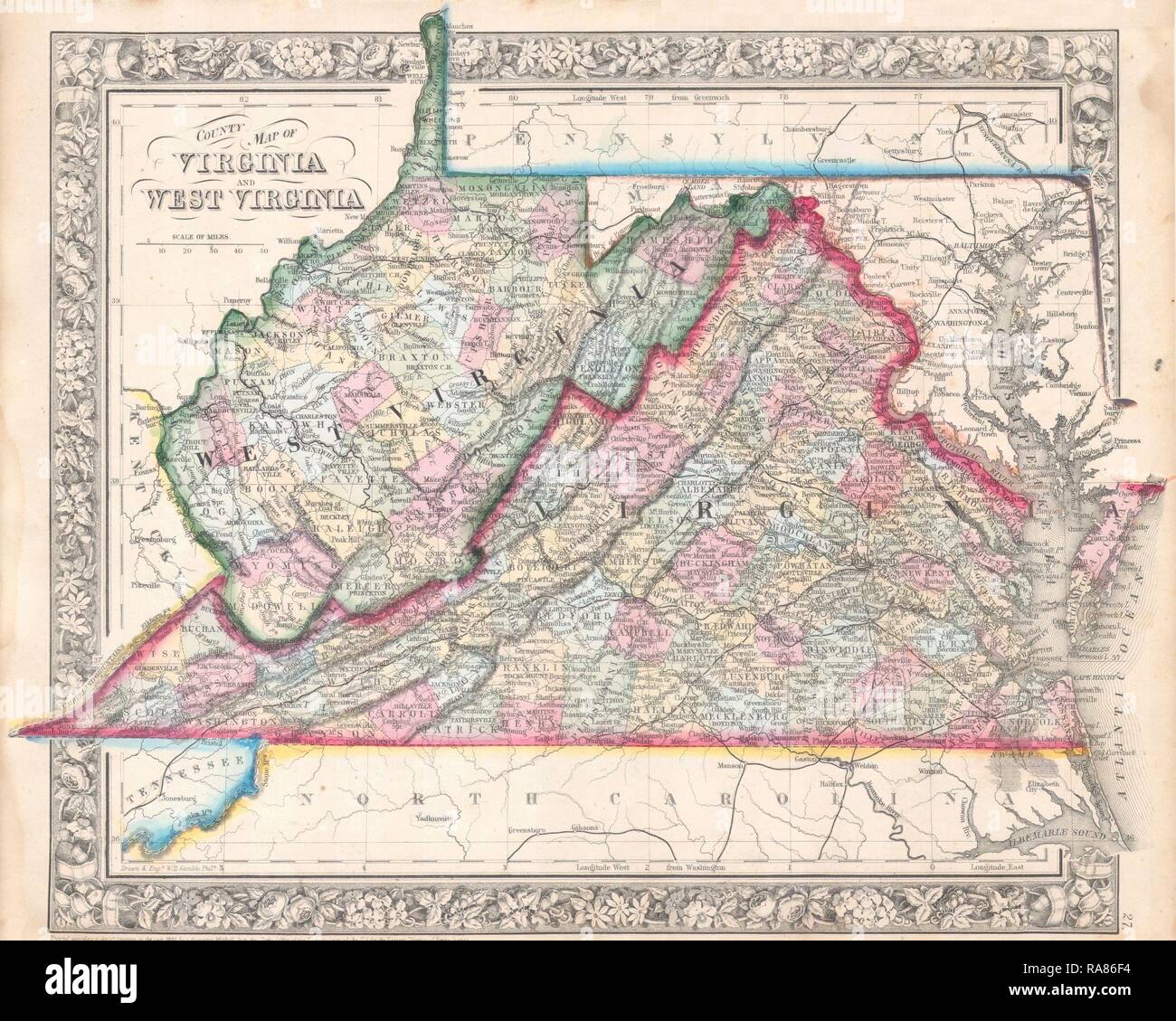 1864, Mitchell Map of Virginia, West Virginia, and Maryland. Reimagined ...