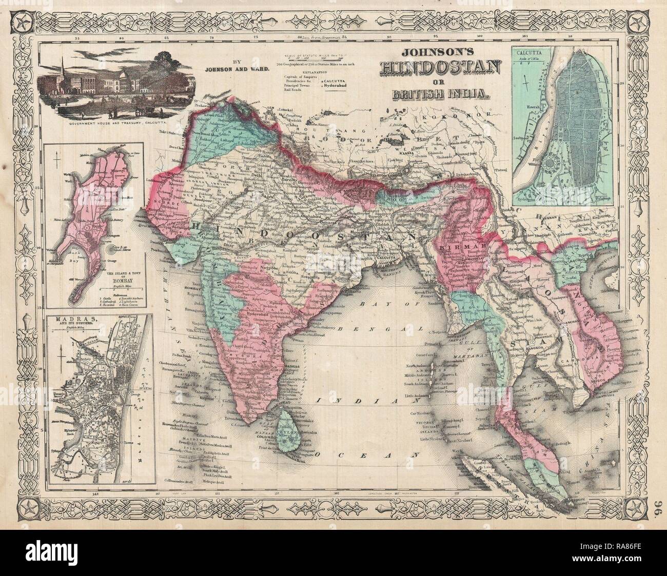 1865, Johnson's Map of India, Hindostan or British India. Reimagined by ...