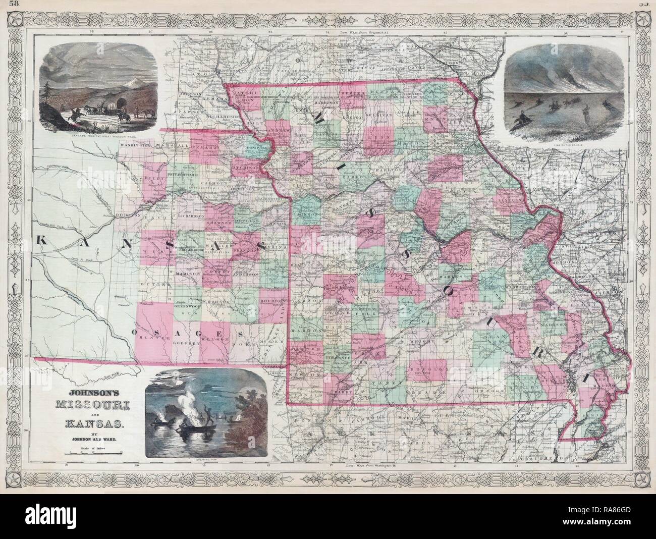 1866, Johnson's Map of Missouri and Kansas. Reimagined by Gibon ...