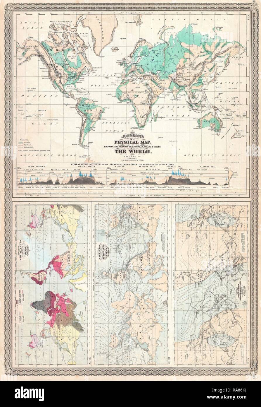 1870, Johnson Climate Map of the World w- Physical Map, Tidal Map ...