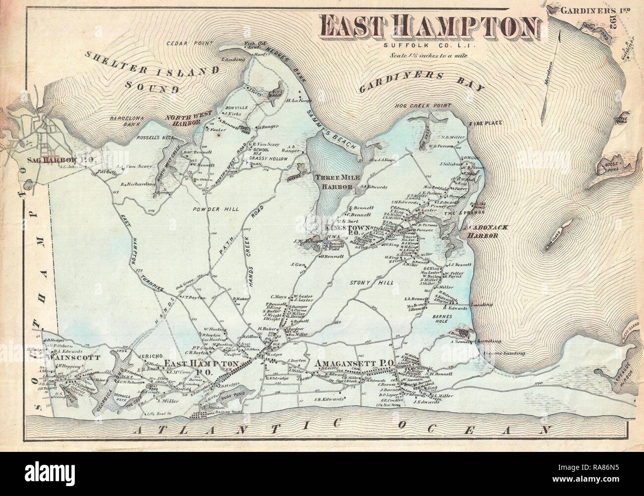 1873, Beers Map of East Hampton, Long Island, New York. Reimagined by ...