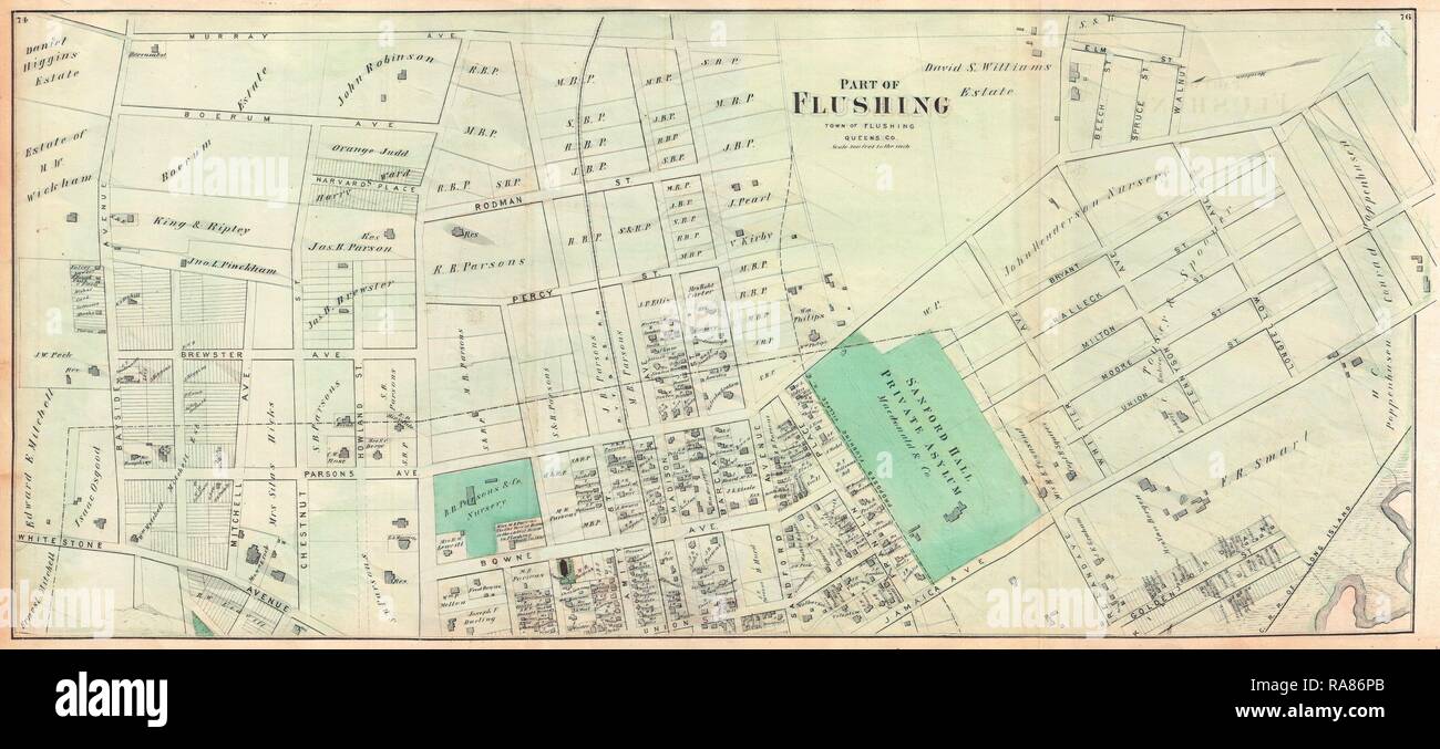 1873, Beers Map of Part of Flushing, Queens, New York City. Reimagined ...