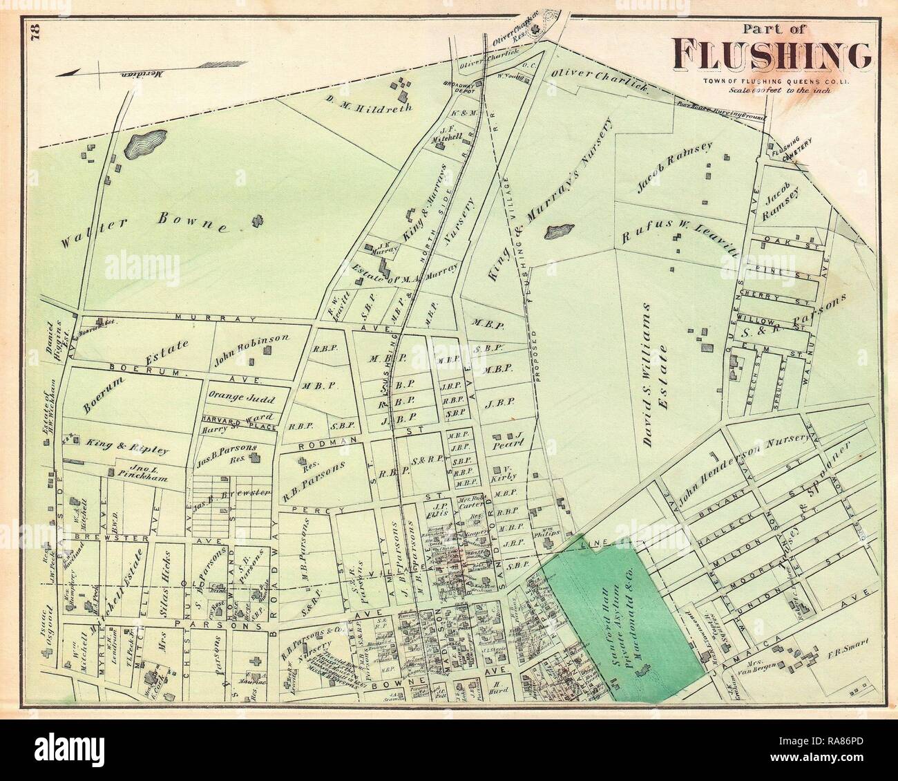 1873, Beers Map of Part of Flushing, Queens, New York City. Reimagined ...