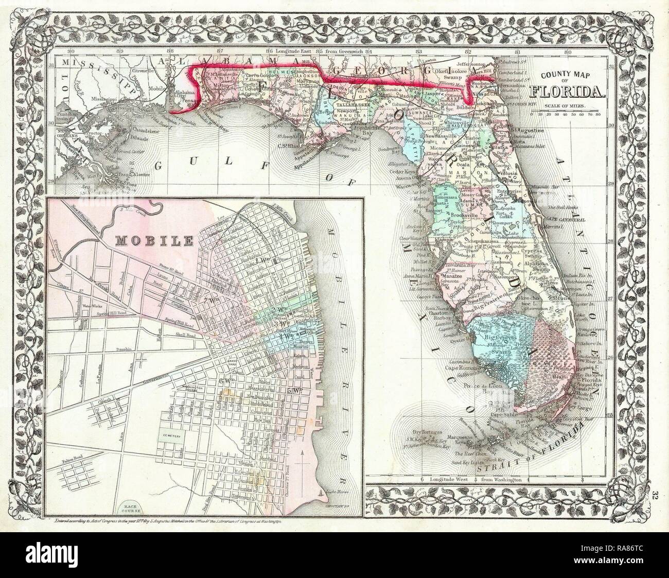 1874, Mitchell Map of Florida w- Mobile, Alabama inset. Reimagined by ...
