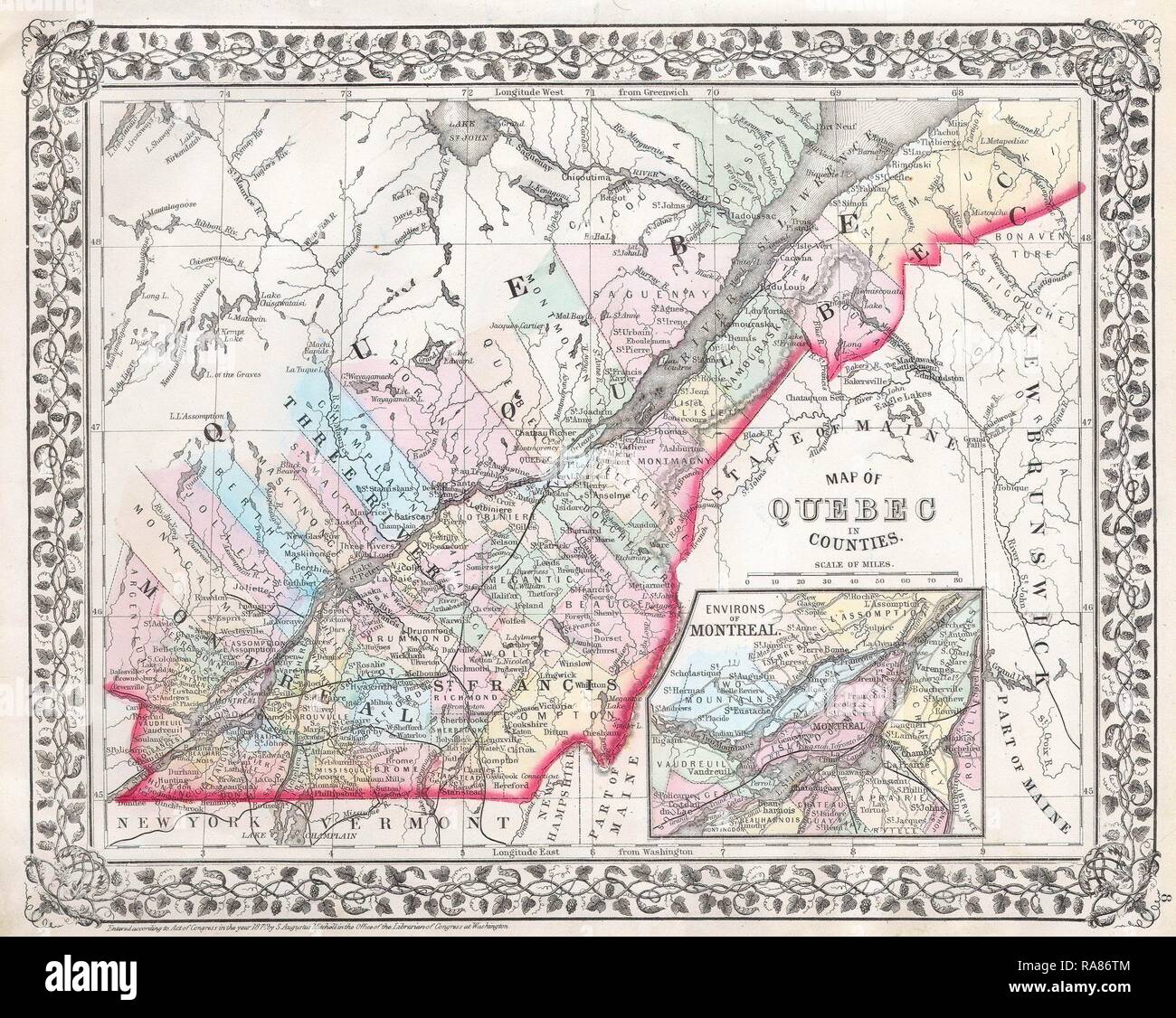 1874, Mitchell Map of Quebec, Canada. Reimagined by Gibon. Classic art ...