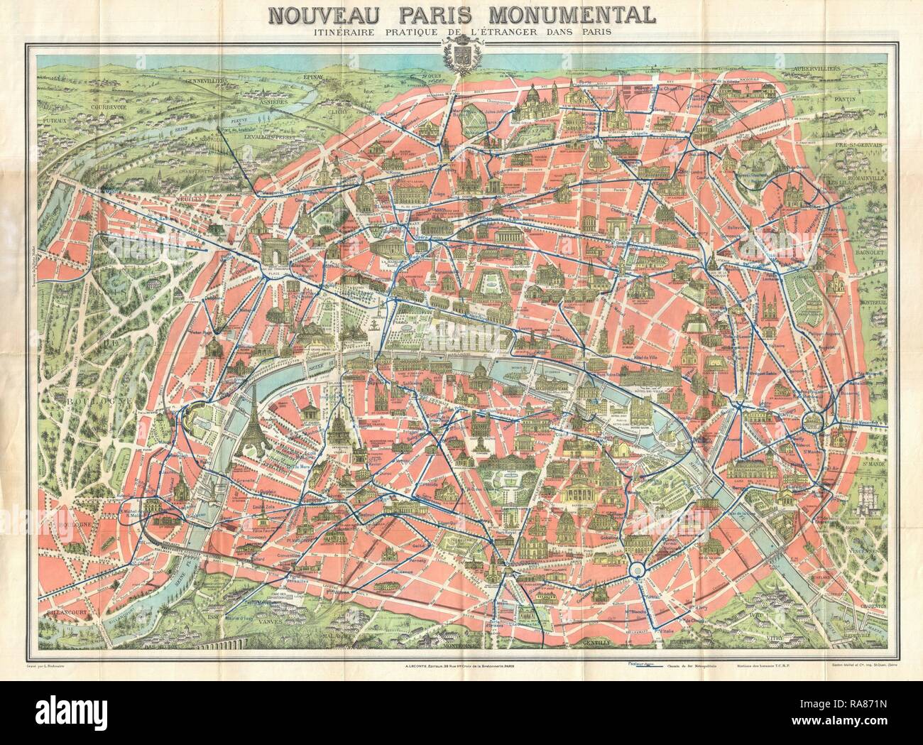 1910, Leconte Monument, Map of Paris, France. Reimagined by Gibon ...