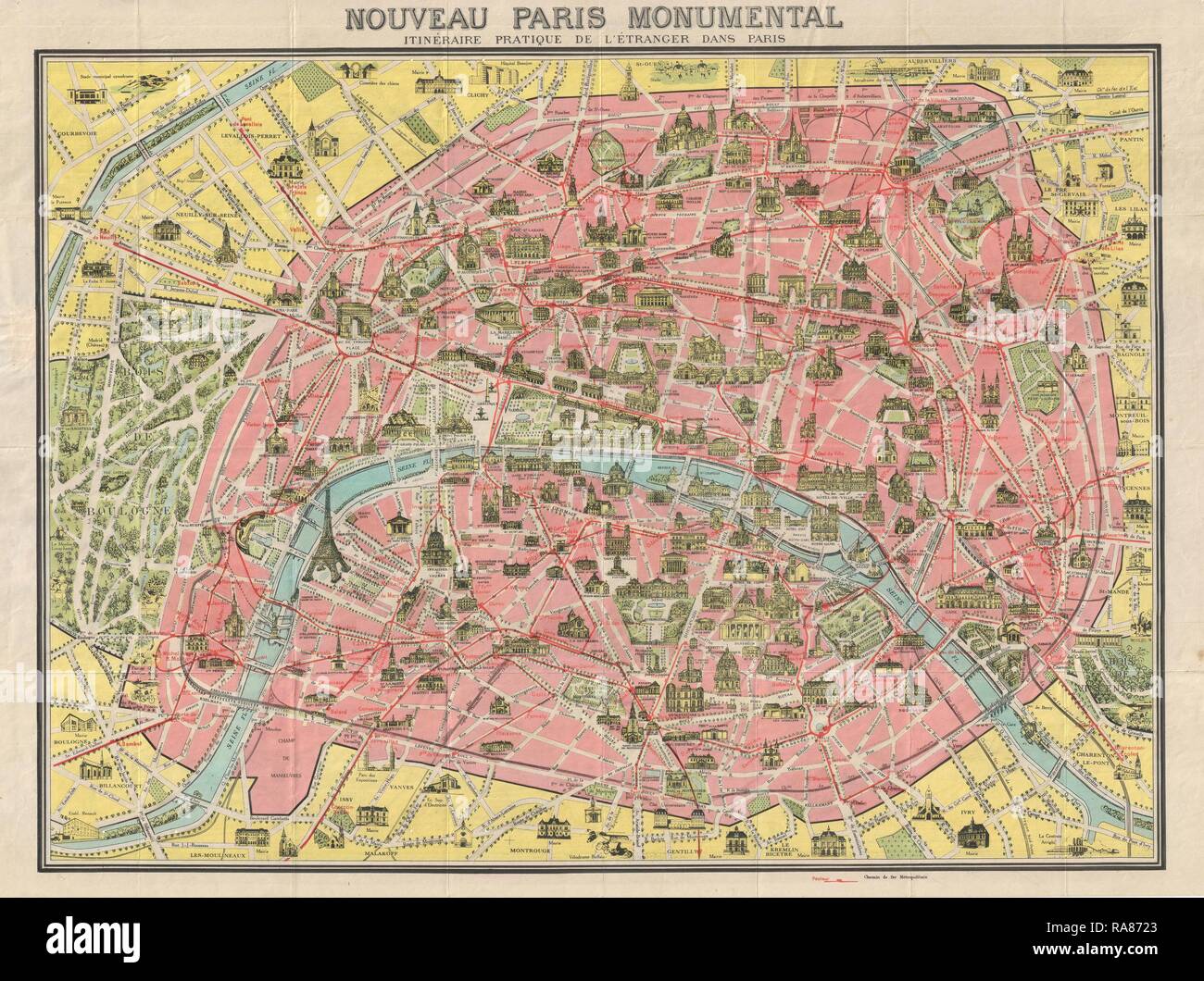 1920, Leconte Pocket Map of Paris, France, with Eiffel Tower and Metro ...
