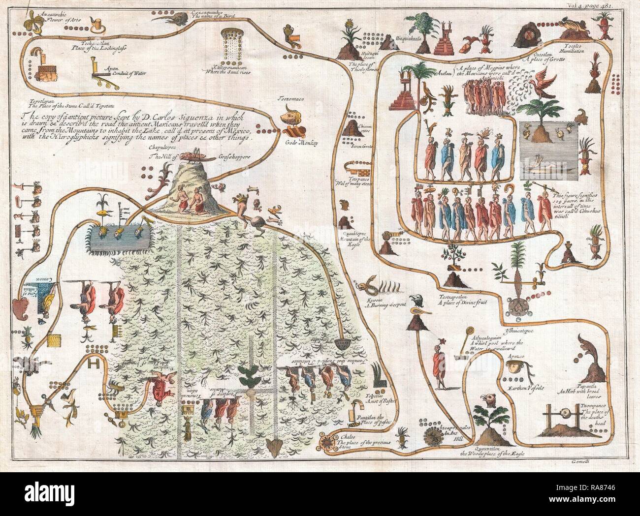 1704, Gemelli Map of the Aztec Migration from Aztlan to Chapultapec ...