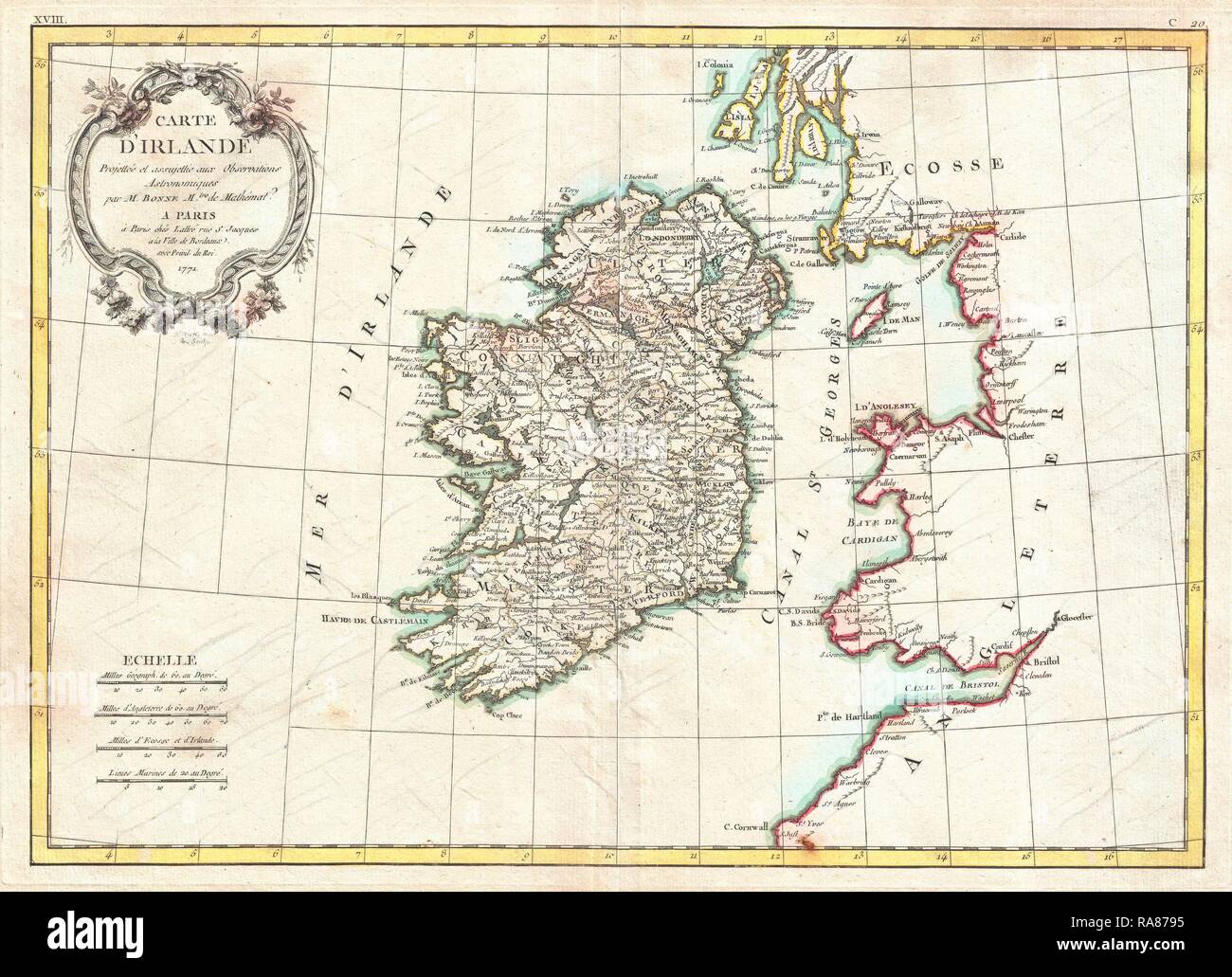 1771, Bonne Map of Ireland, Rigobert Bonne 1727 – 1794, one of the most ...
