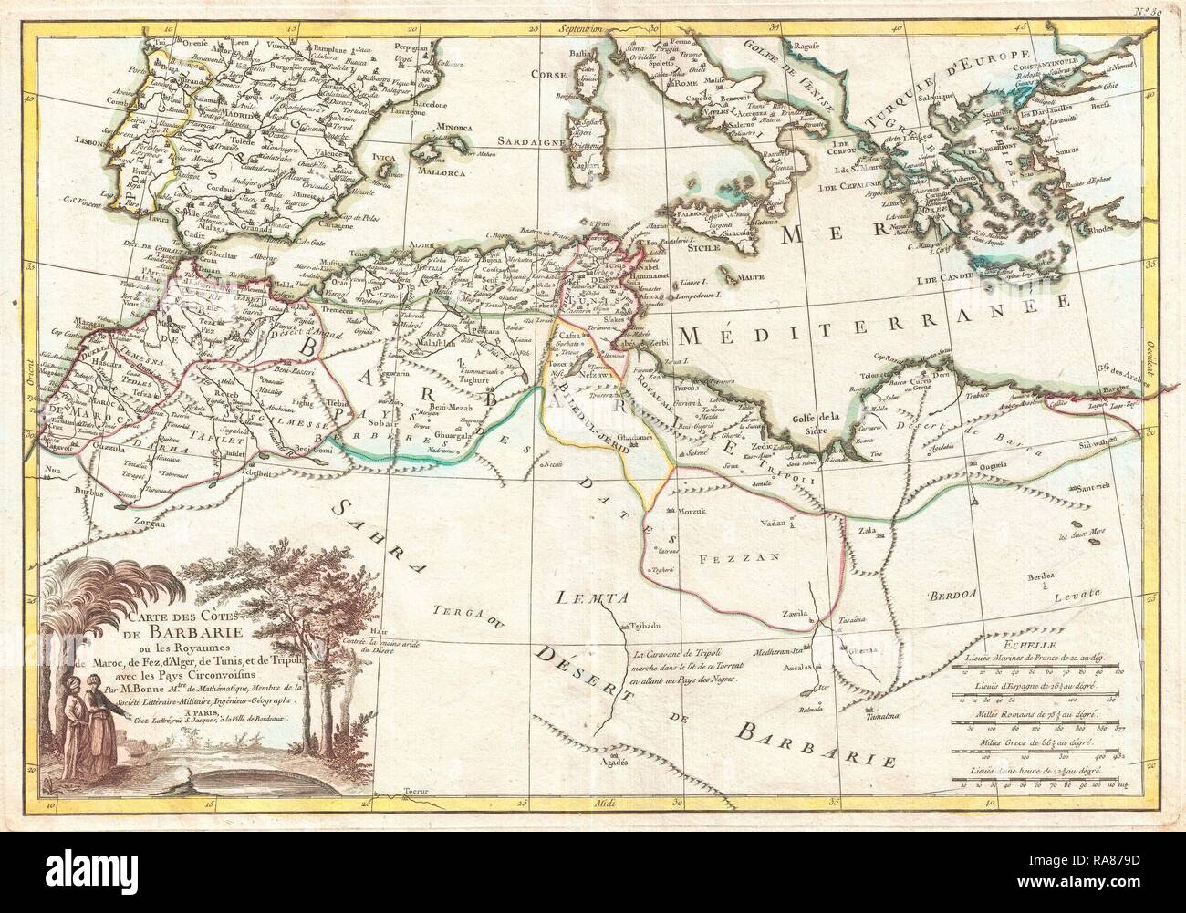 1771, Bonne Map of the Mediterranean and the Maghreb or Barbary Coast ...