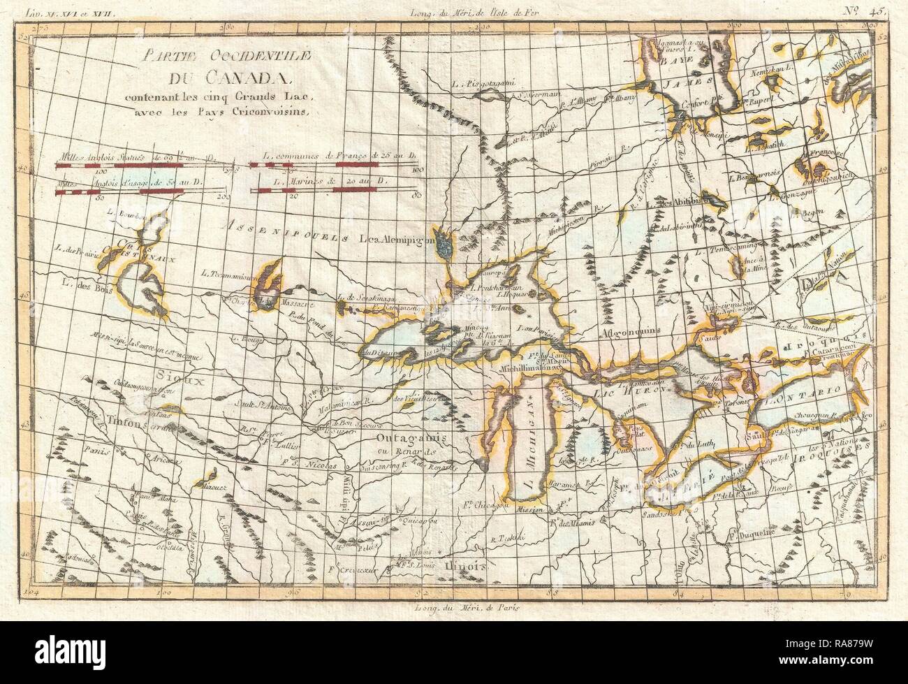 1775, Bonne Map of the Great Lakes and Upper Mississippi, Rigobert ...