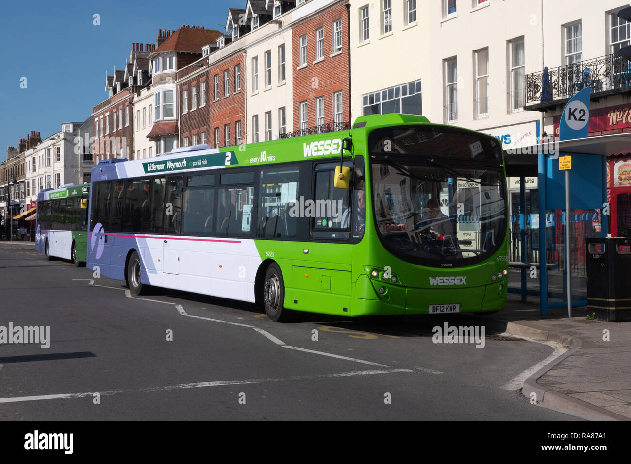 First Hants & Dorset Volvo Bus at Weymouth Kings Statue Stock Photo - Alamy