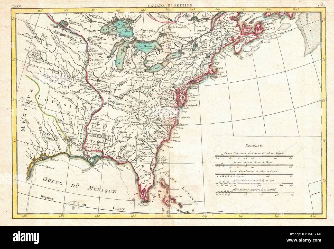 1776, Bonne Map of Louisiana and the British Colonies in North America ...