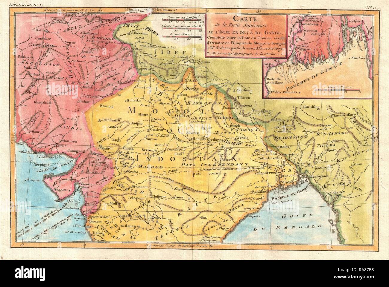 1780, Bonne Map of Northern India, Rigobert Bonne 1727 – 1794, one of ...
