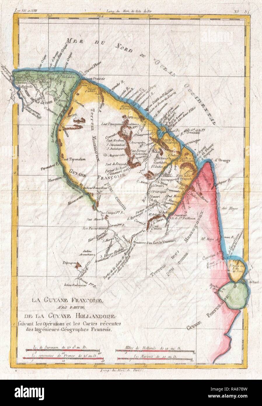 1780, Raynal and Bonne Map of Guyana and Surinam, Rigobert Bonne 1727 ...