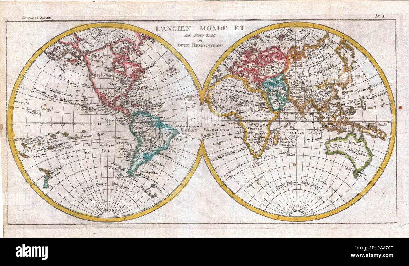 1780, Raynal and Bonne Map of the Two Hemispheres, Rigobert Bonne 1727 ...
