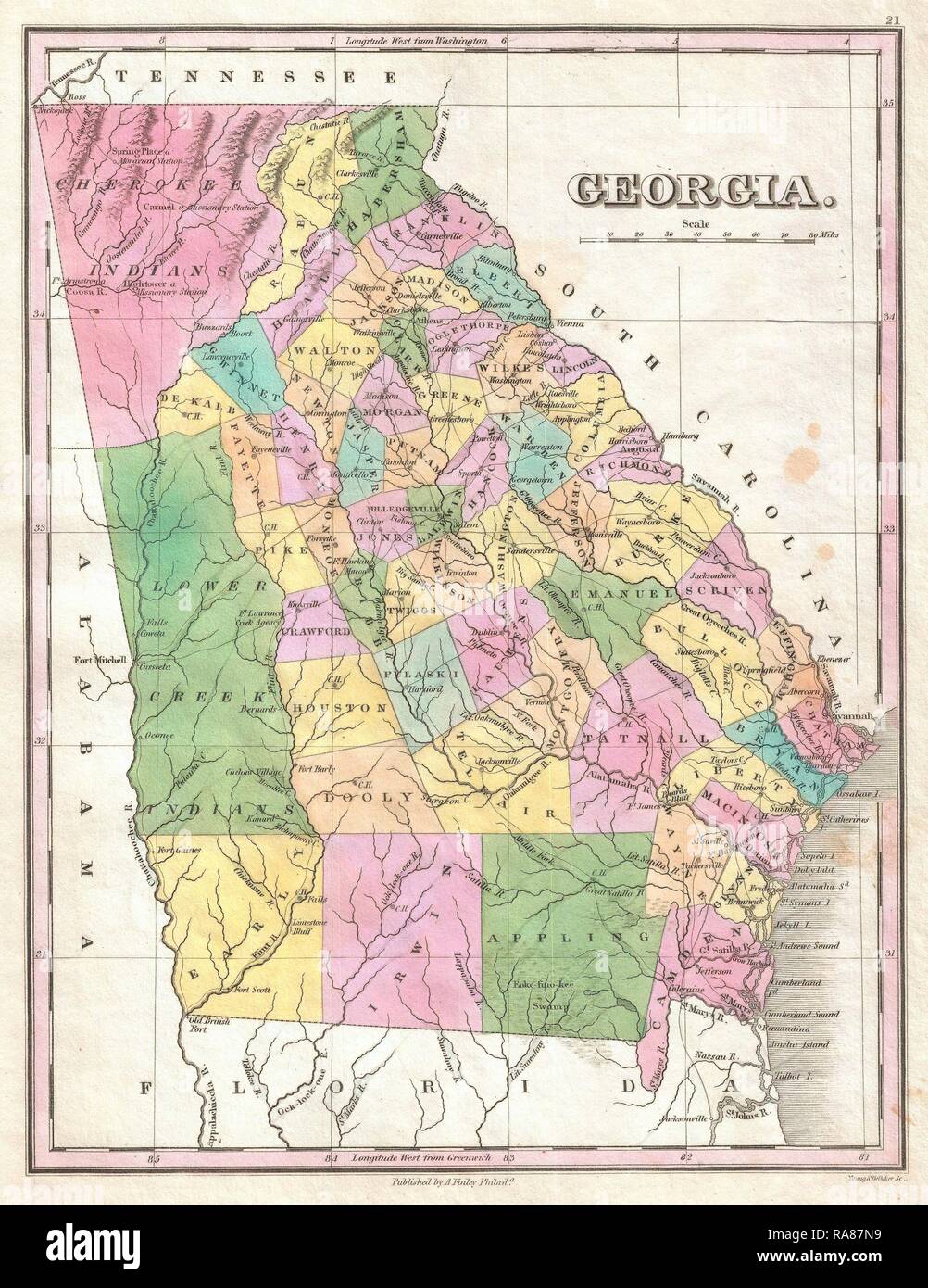 1827, Finley Map of Georgia, Anthony Finley mapmaker of the United ...