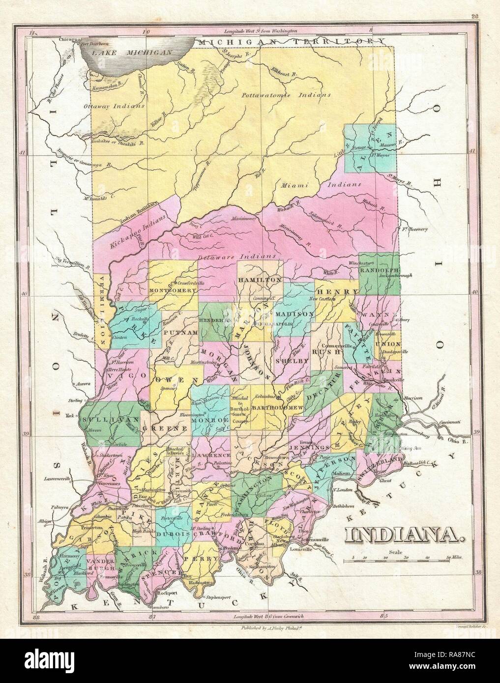 1827, Finley Map of Indiana, Anthony Finley mapmaker of the United ...