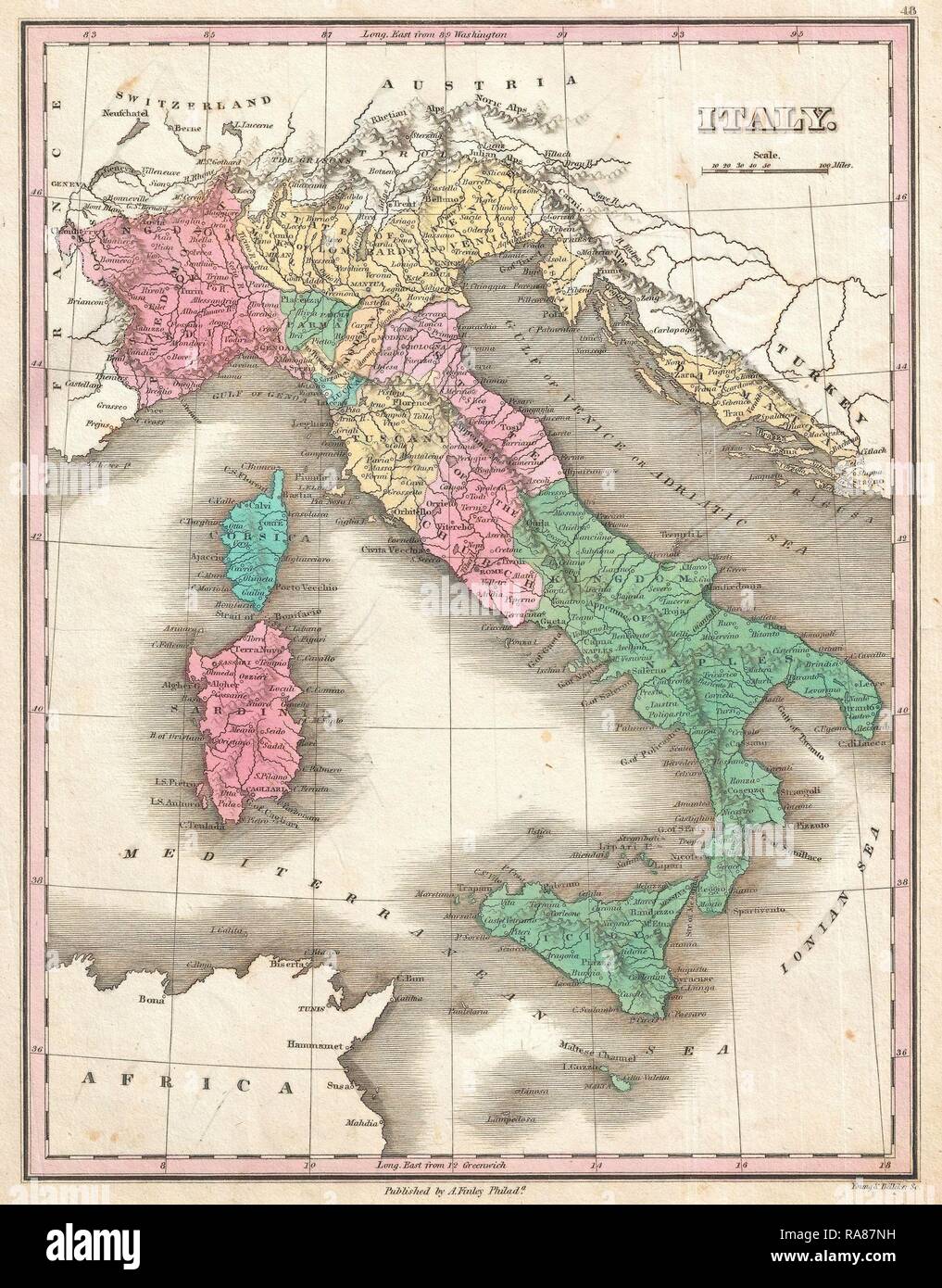 1827, Finley Map of Italy, Anthony Finley mapmaker of the United States ...