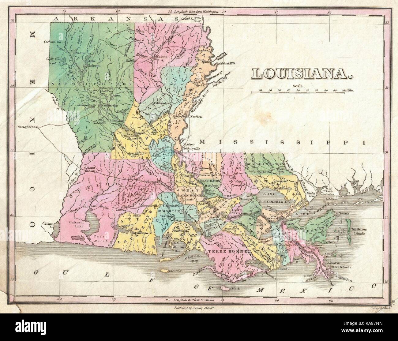 1827, Finley Map of Louisiana, Anthony Finley mapmaker of the United ...