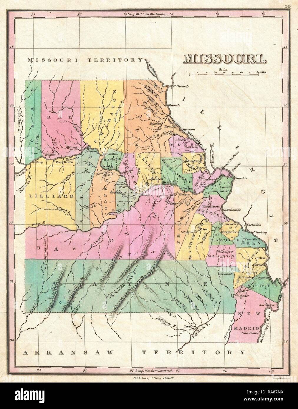 1827, Finley Map of Missouri, Anthony Finley mapmaker of the United ...