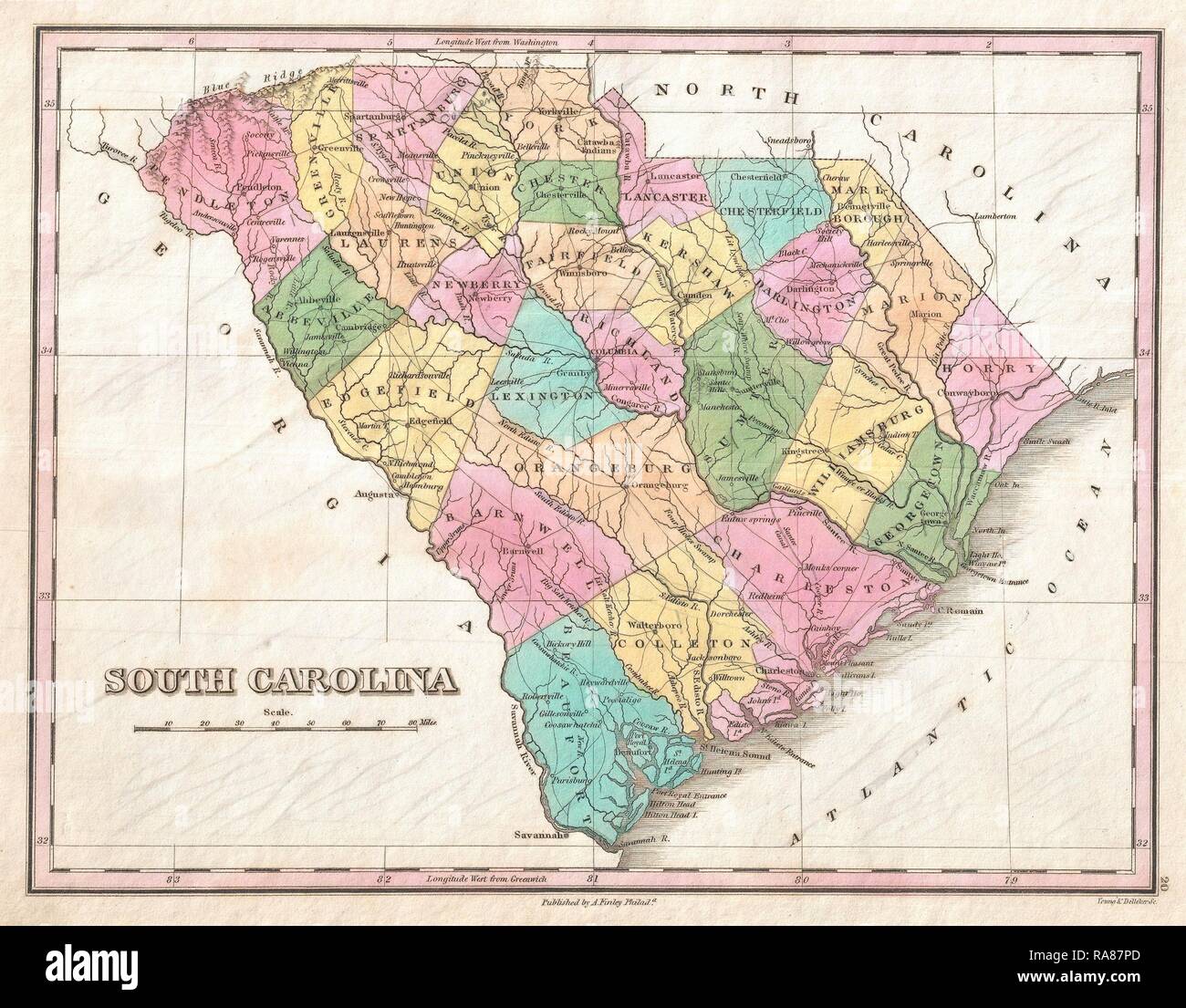 1827, Finley Map of South Carolina, Anthony Finley mapmaker of the ...
