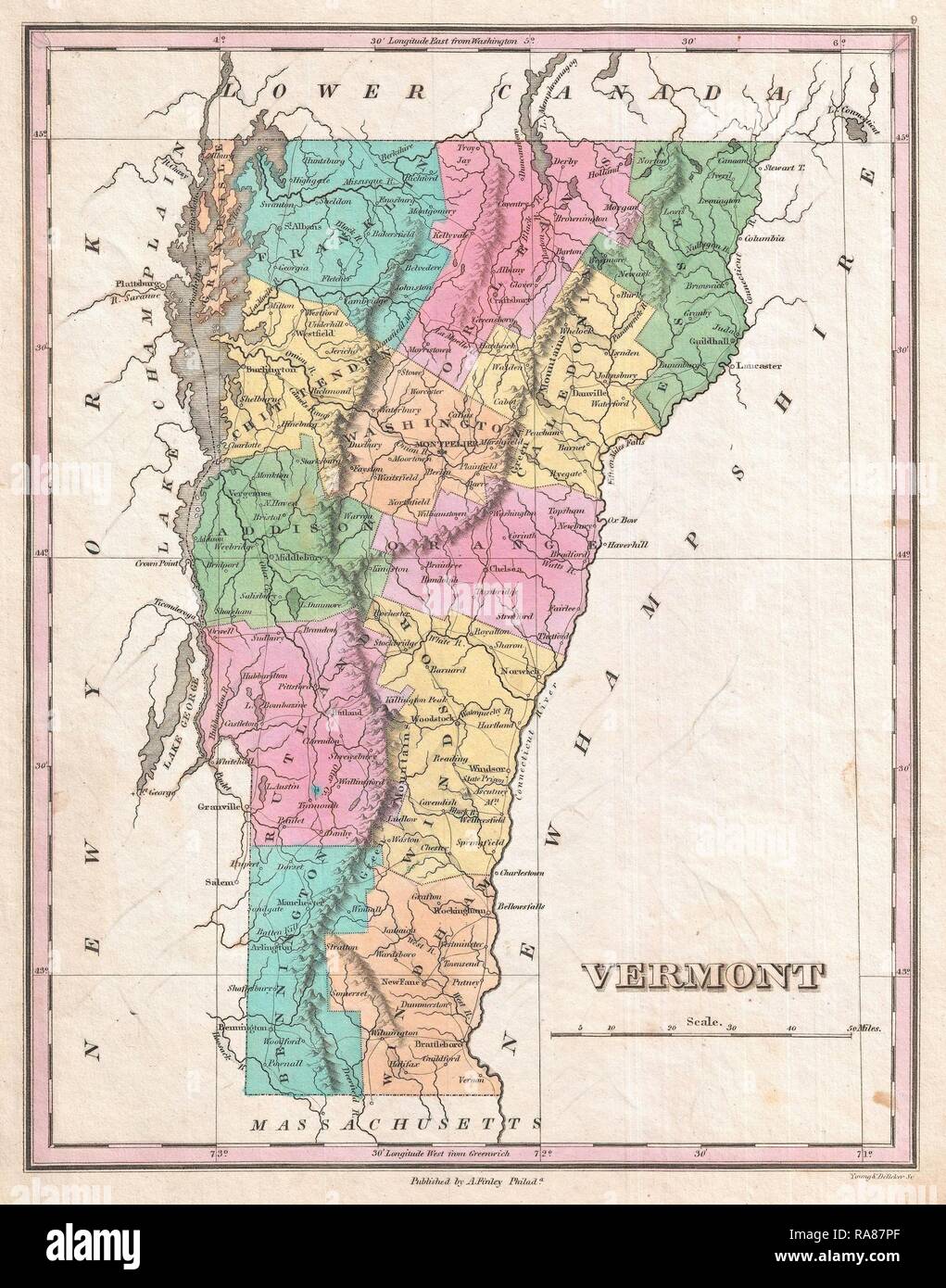 1827, Finley Map of Vermont, Anthony Finley mapmaker of the United ...