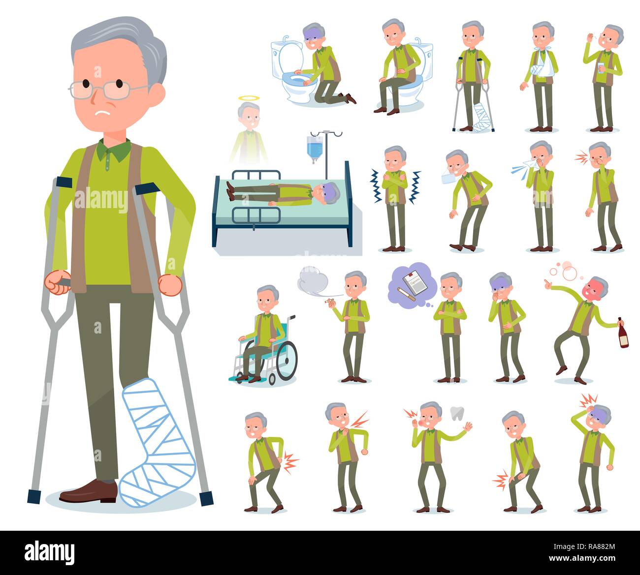A set of old man with injury and illness.There are actions that express ...