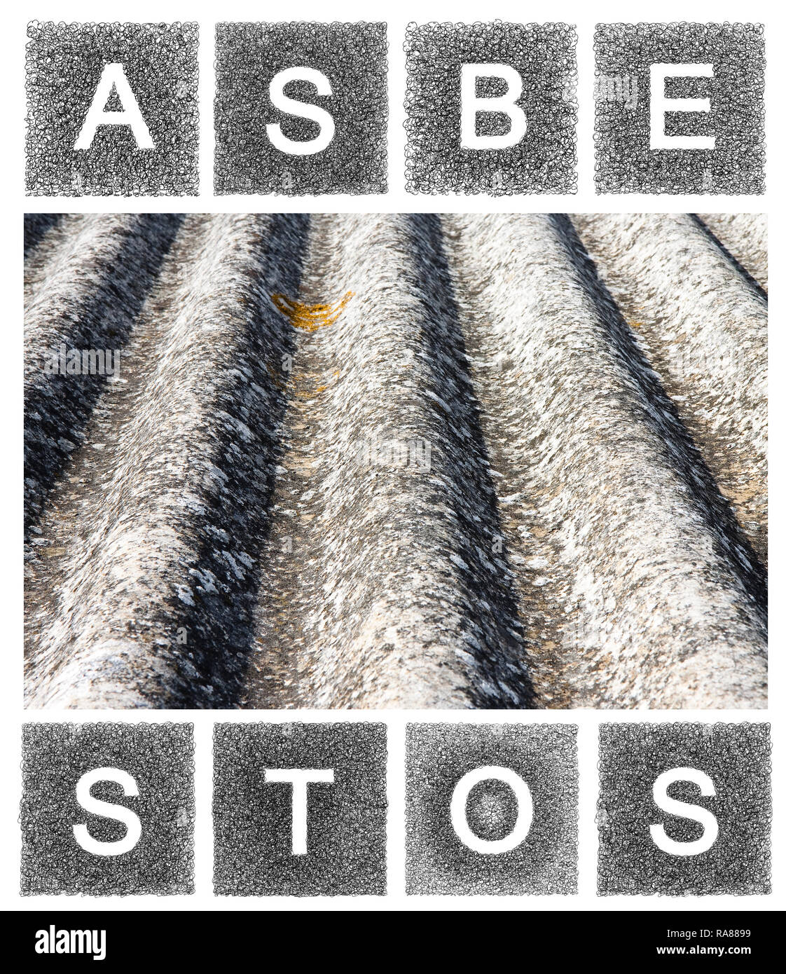 Dangerous asbestos roof. The word asbestos written with letters whose ...