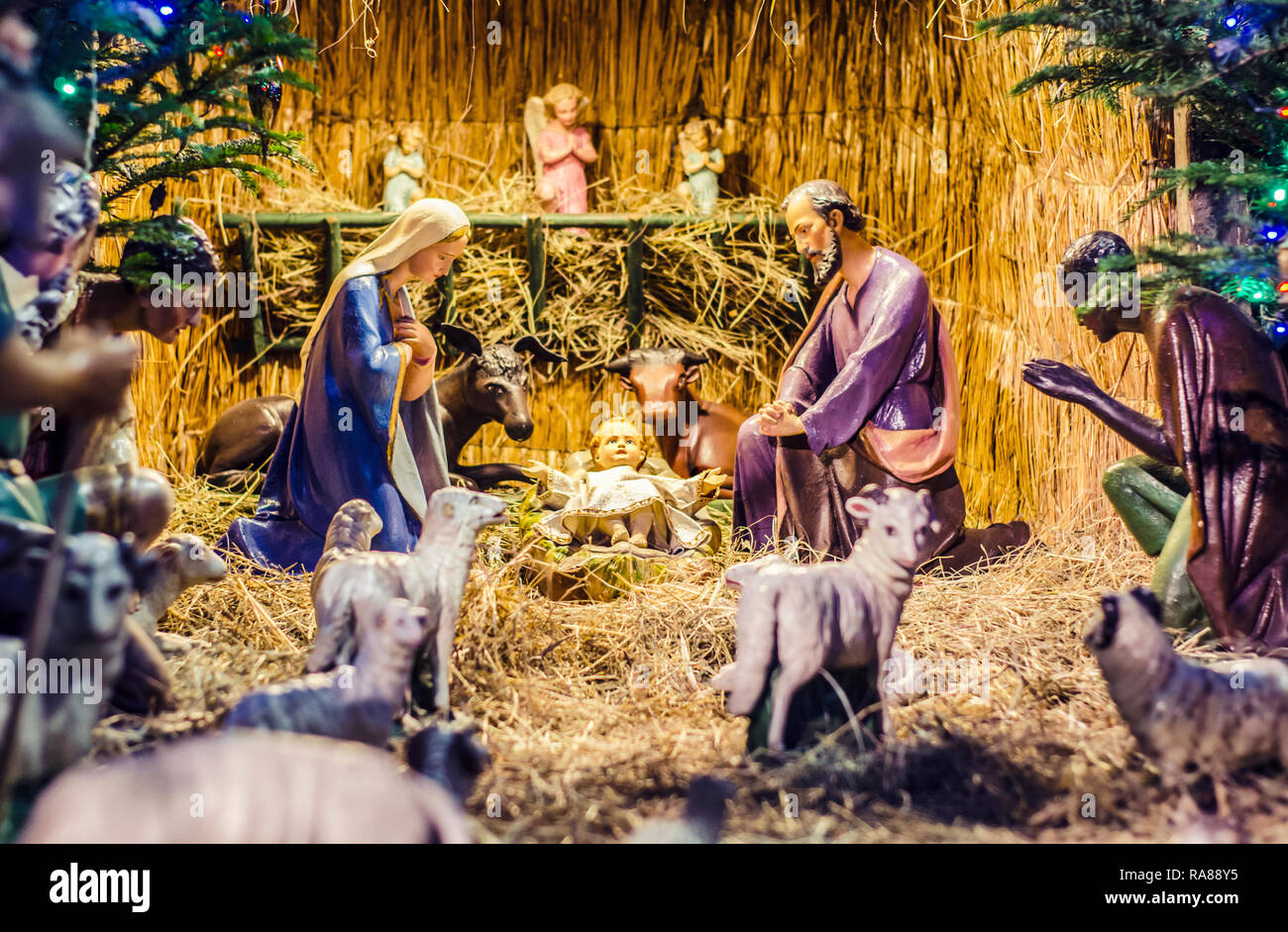 Wooden statue of Christmas, figures of the Virgin Mary and Jesus in the ...