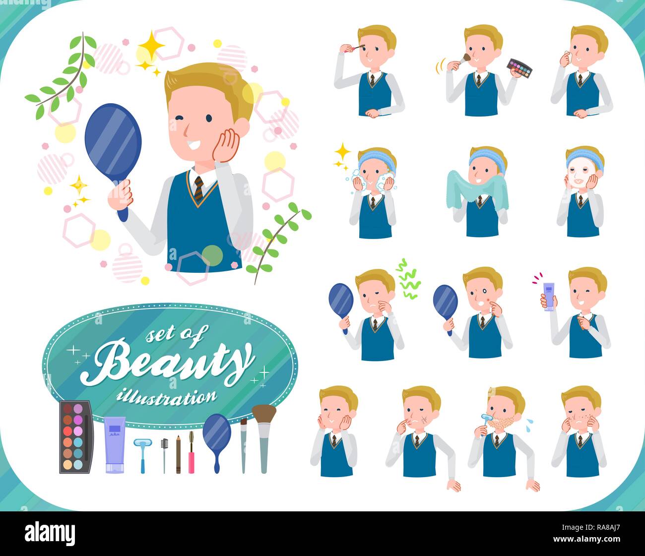 A set of school boy on beauty.There are various actions such as skin ...