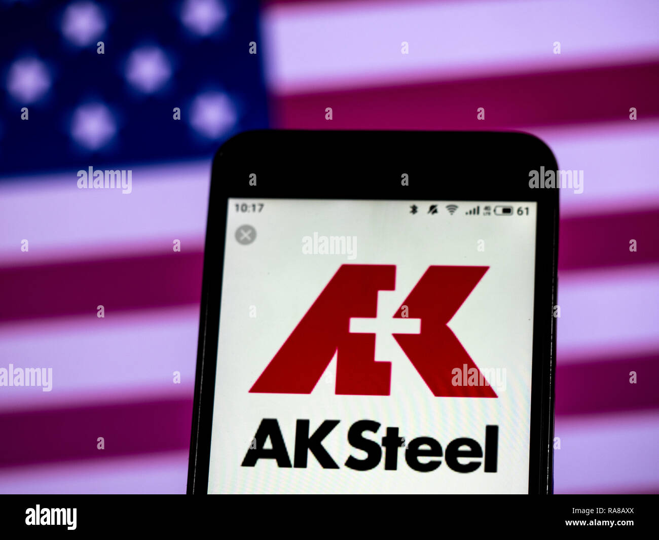KIEV, UKRAINE - Jan 2, 2019: AK Steel Holding Steelmaking company logo ...