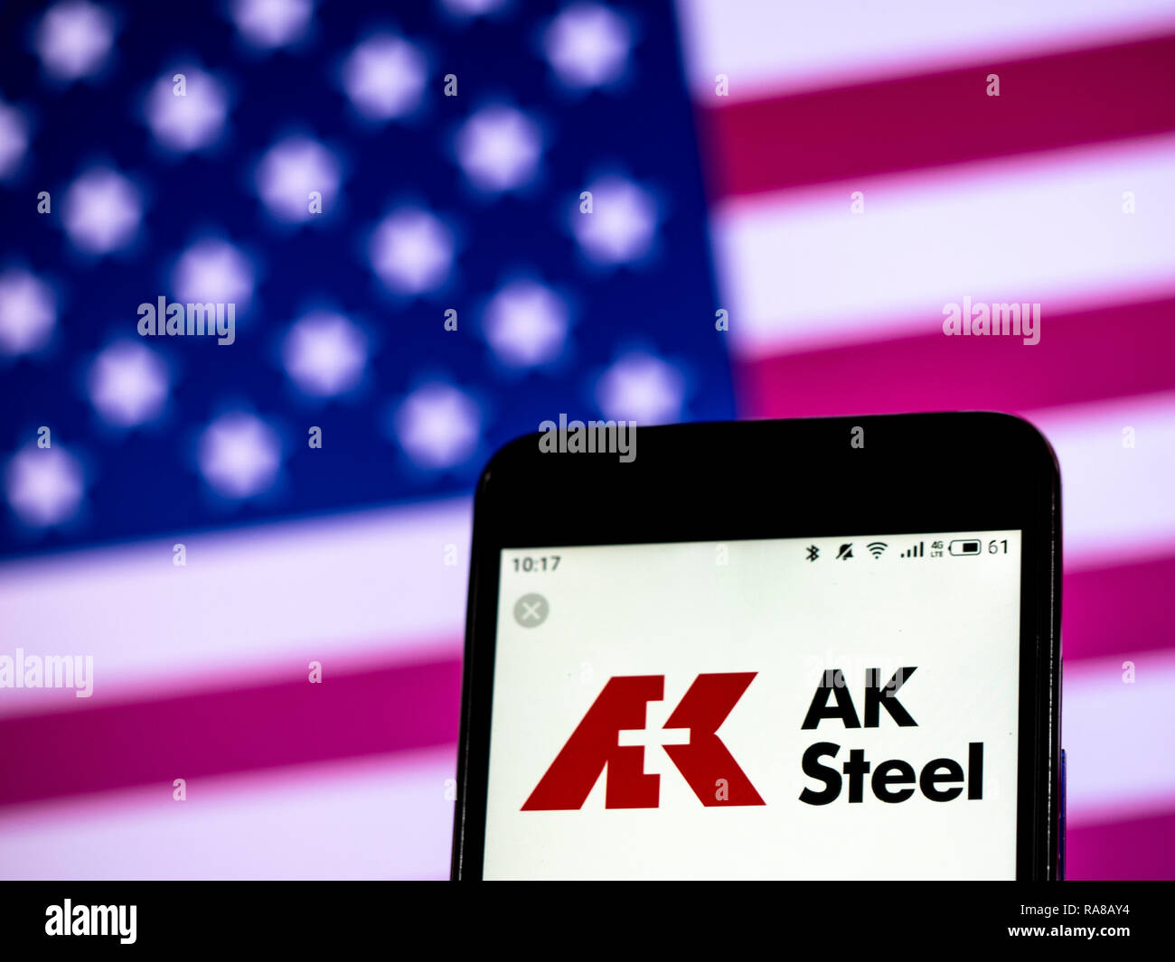 KIEV, UKRAINE - Jan 2, 2019: AK Steel Holding Steelmaking company logo ...