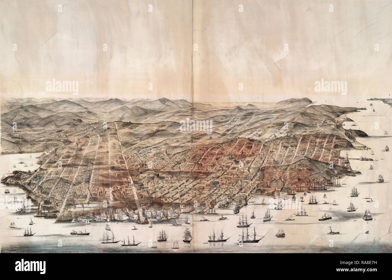 Bird's-Eye View of San Francisco, California from above the Bay Looking ...