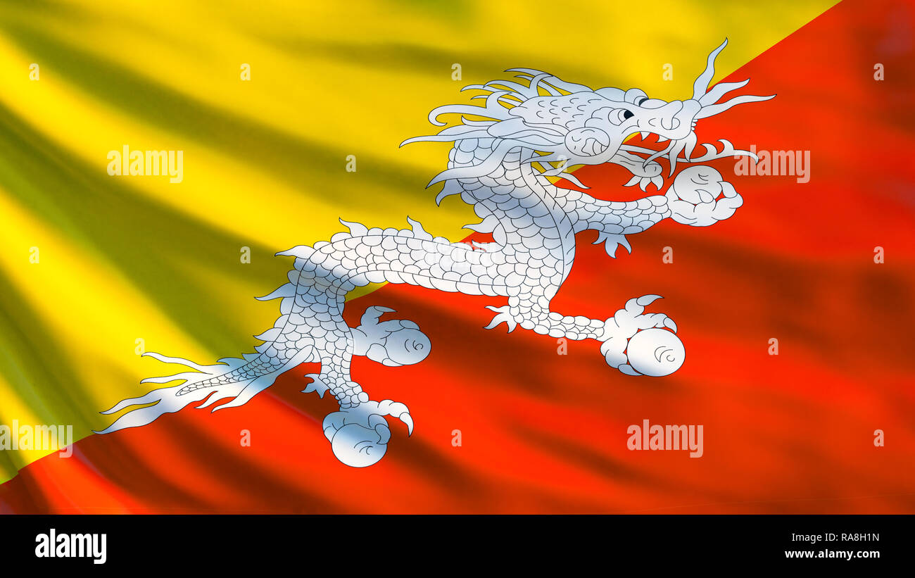 Bhutan flag. Waving flag of Bhutan 3d illustration. Thimphu Stock Photo ...