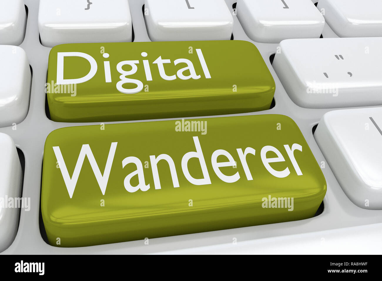 3D illustration of computer keyboard with the script Digital Wanderer on two adjacent buttons ...
