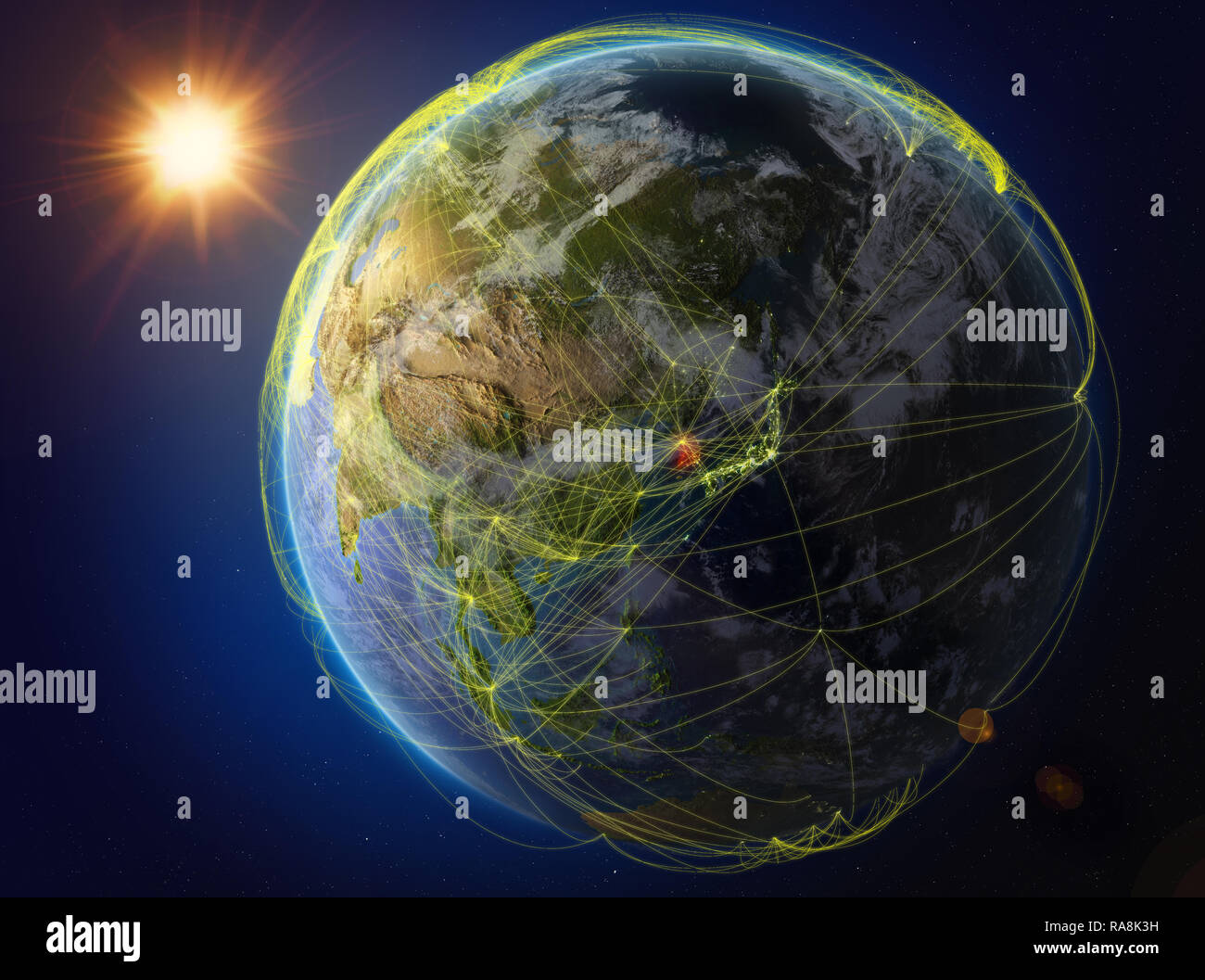 South Korea from space. Planet Earth with network representing ...