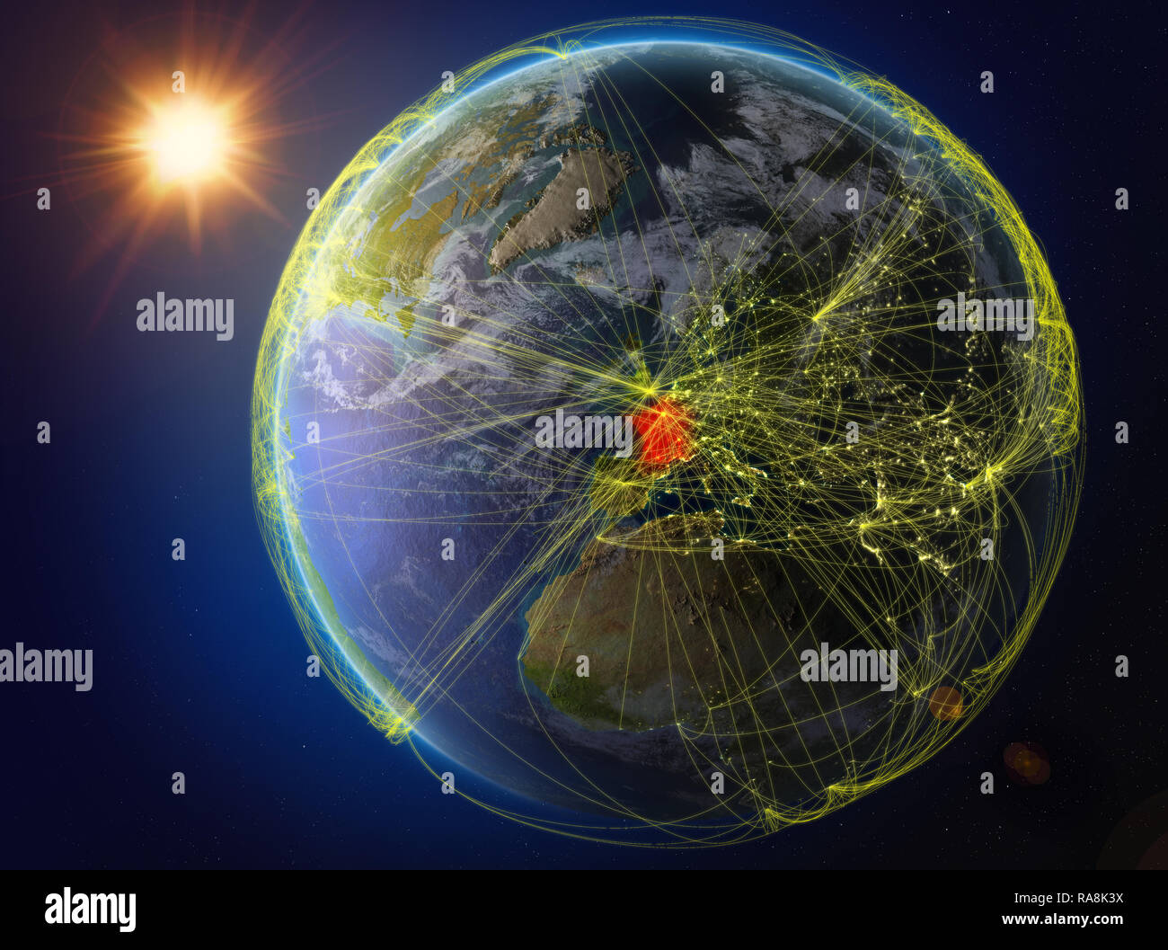 France from space. Planet Earth with network representing international ...