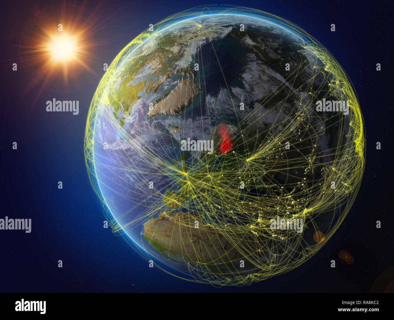 Finland from space. Planet Earth with network representing ...