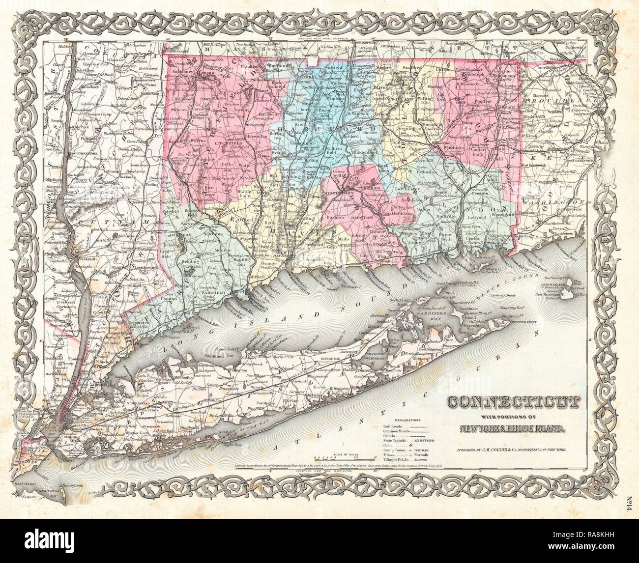 1855, Colton Map of Connecticut and Long Island. Reimagined by Gibon ...
