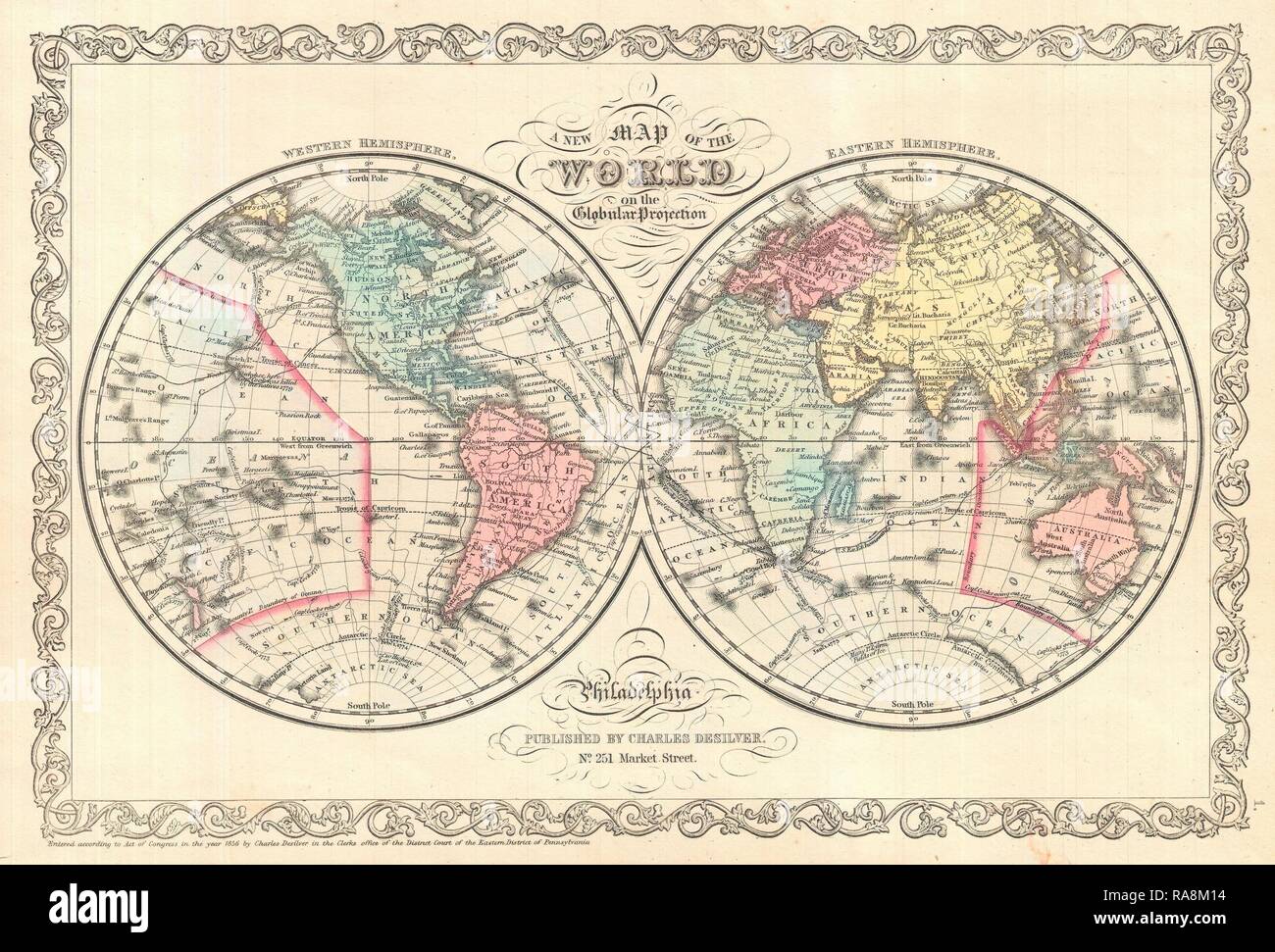 1856, Desilver Map of the World. Reimagined by Gibon. Classic art with ...