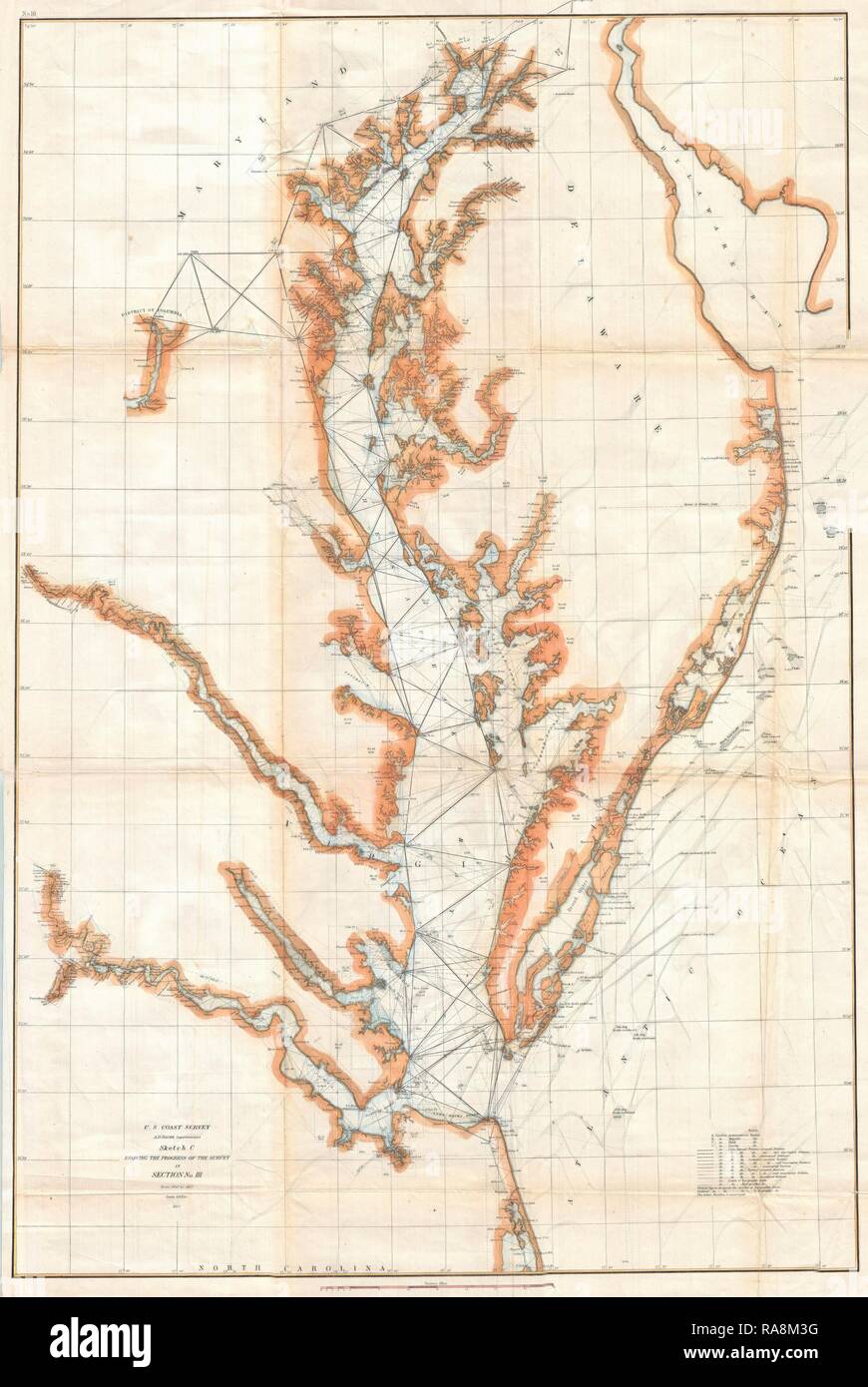1857, U.S. Coast Survey Chart or Map of Chesapeake Bay and Delaware Bay ...