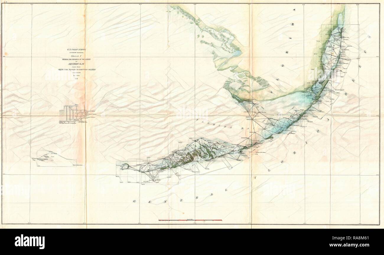 1859, U.S. Coast Survey Triangulation Map of the Florida Keys ...