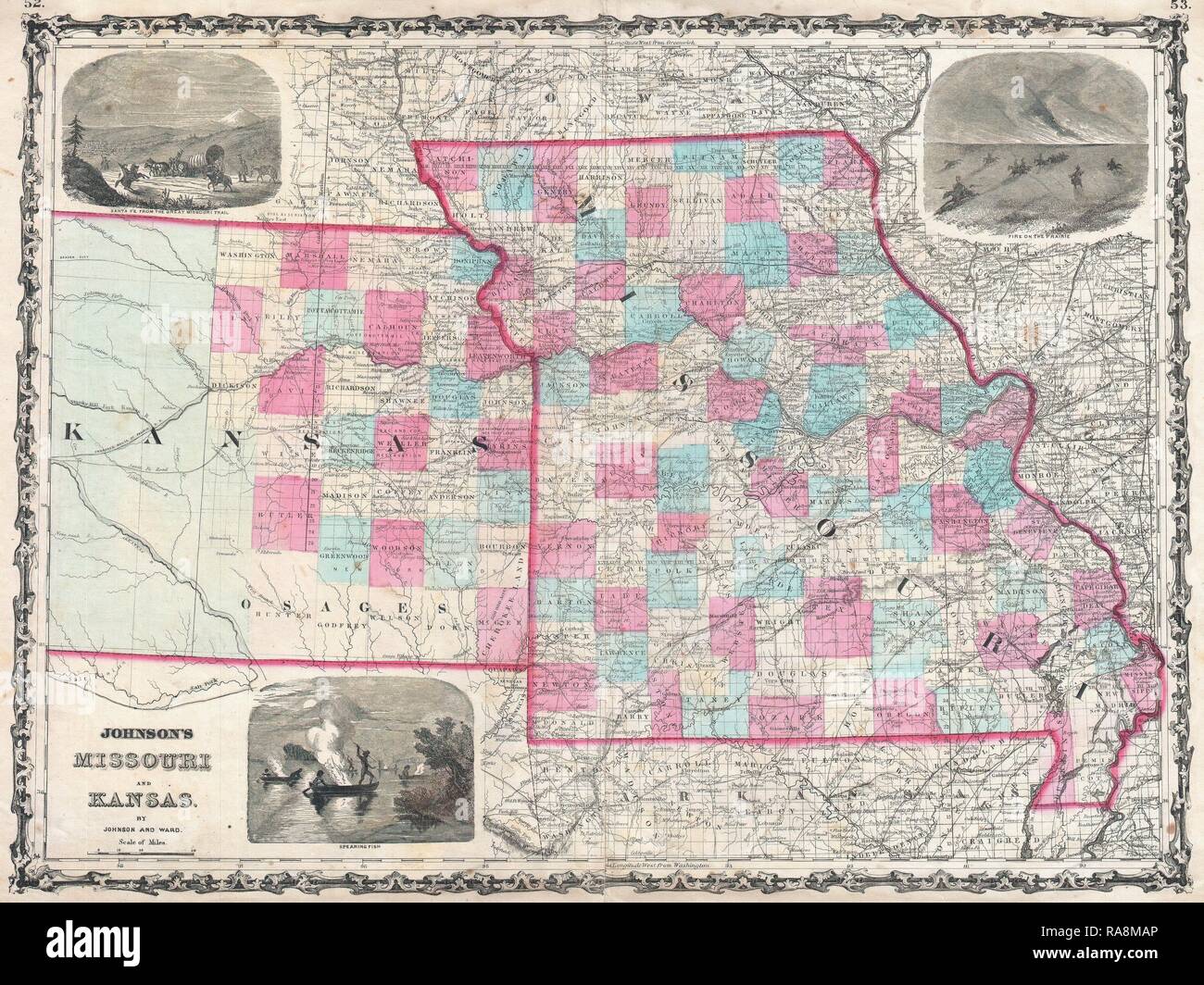 1862, Johnson Map of Kansas and Missouri. Reimagined by Gibon. Classic ...