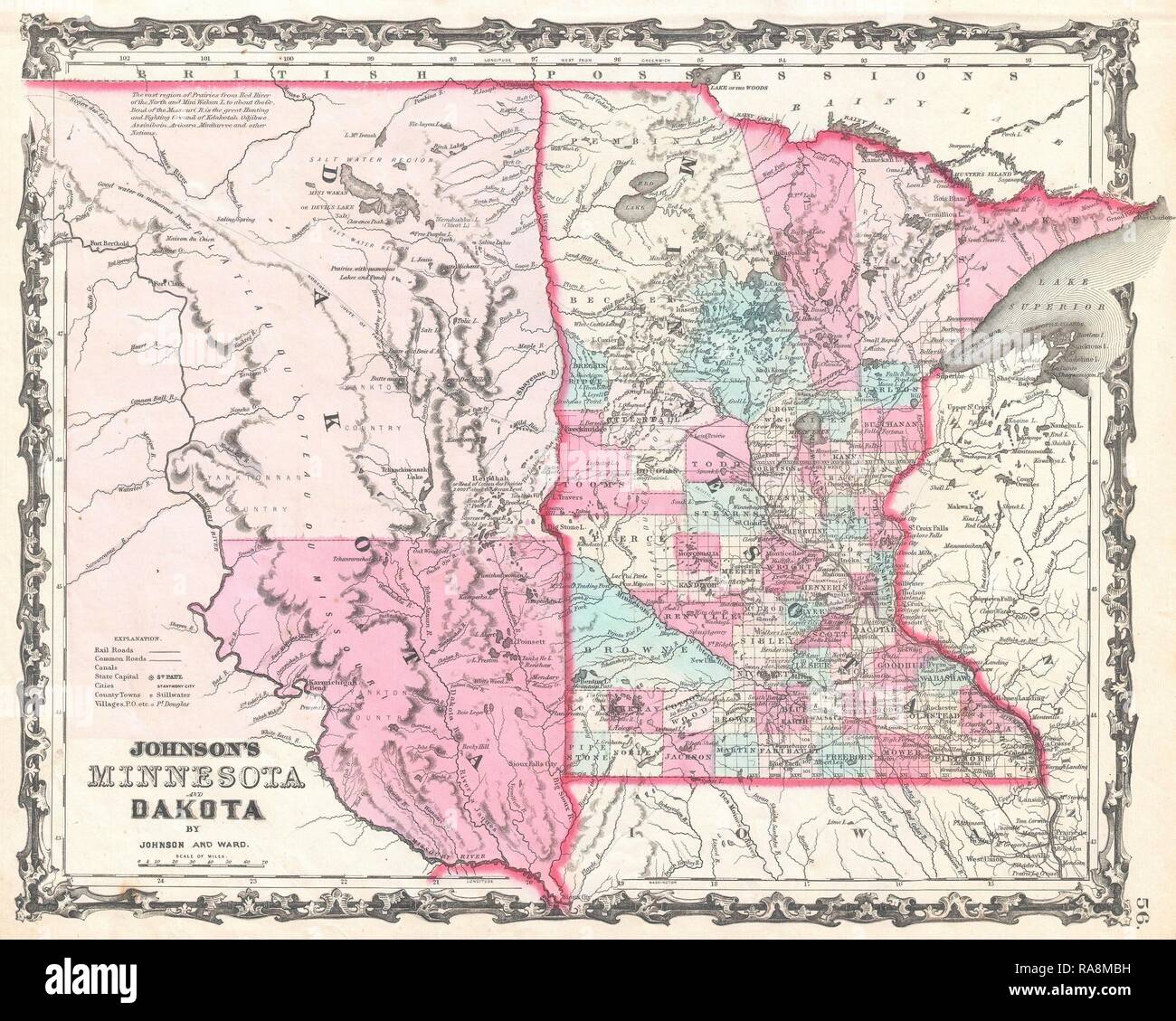 1862, Johnson Map of Minnesota and Dakota. Reimagined by Gibon. Classic ...