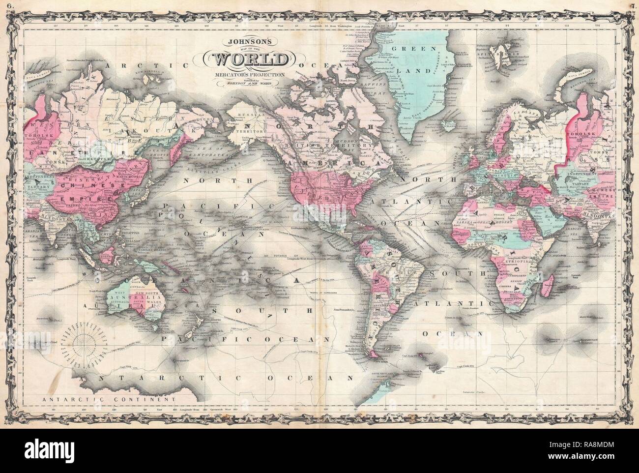 1862, Johnson Map of the World on Mercator Projection. Reimagined by ...