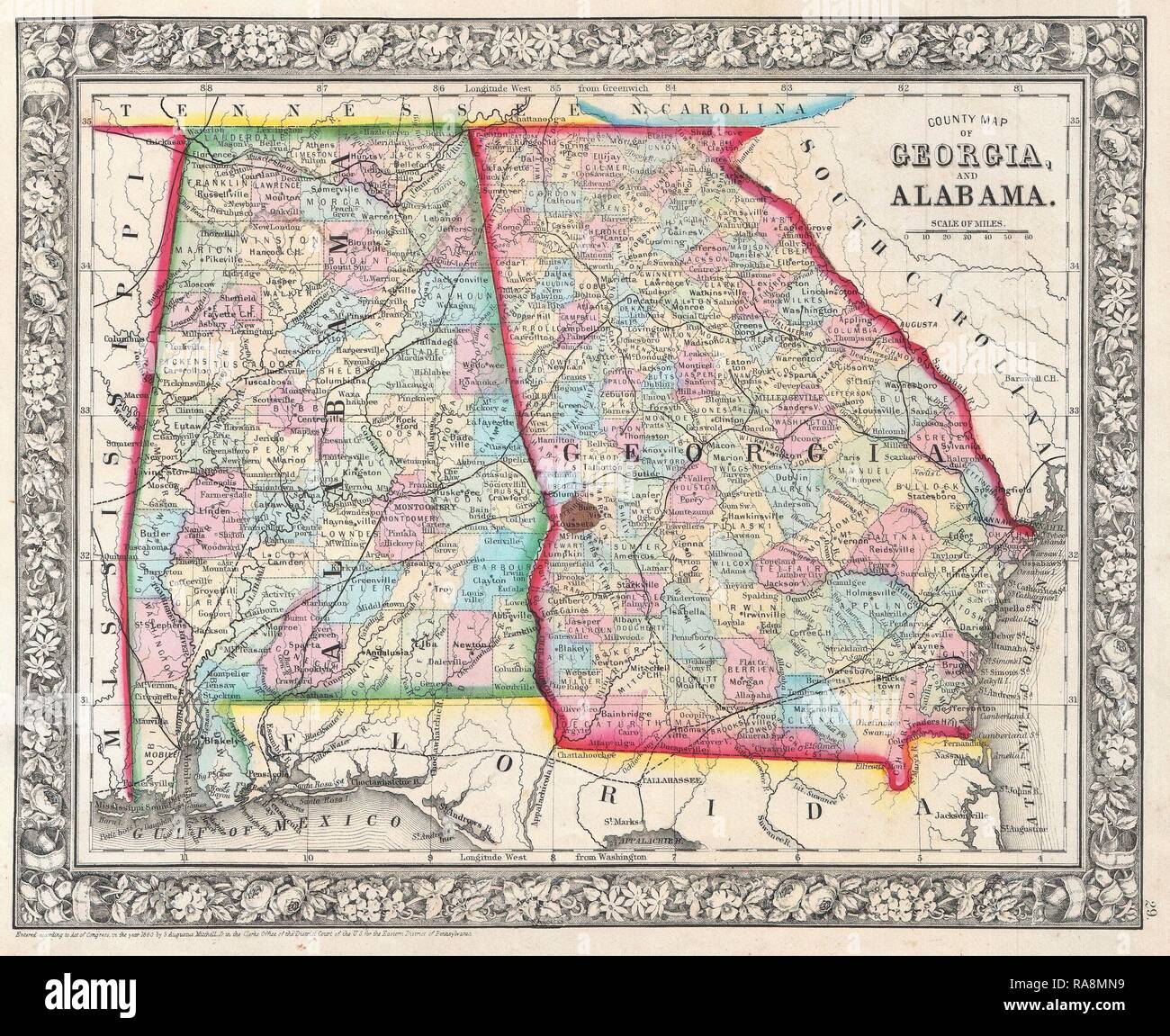 1864, Mitchell Map of Georgia and Alabama. Reimagined by Gibon. Classic ...