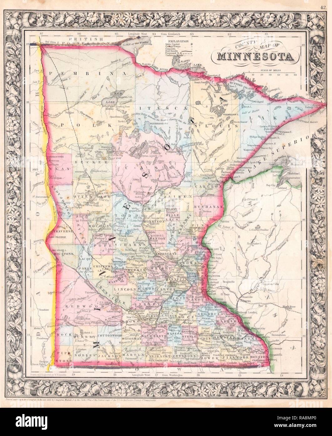 1864, Mitchell Map of Minnesota. Reimagined by Gibon. Classic art with ...