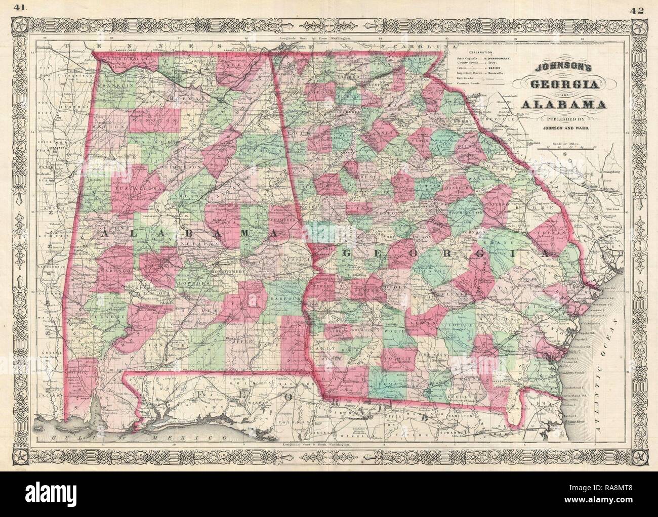 1865, Johnson Map of Georgia and Alabama. Reimagined by Gibon. Classic ...